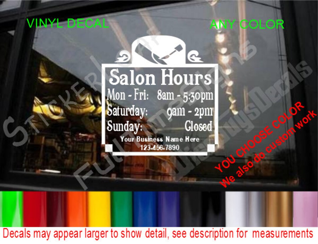 SALON HOURS of Operation Custom Window Decal Business Shop Storefront ...
