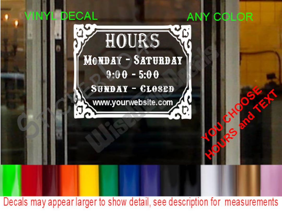 STORE HOURS Custom Window Decal Business Shop Storefront Door Sign ...