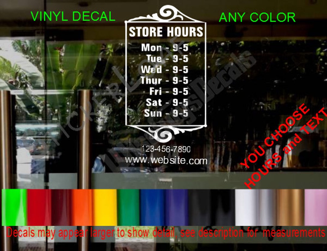 STORE HOURS Custom Window Decal Business Shop Storefront Door Sign ...