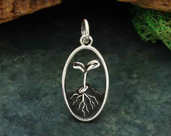 Sterling Silver Seed and Sprout Charm, Sprout With Roots Charm, Plant ...