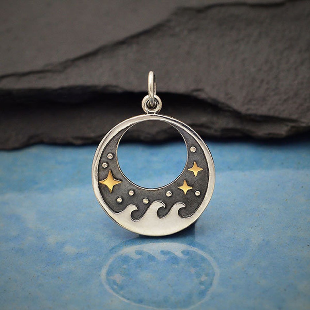 Sterling Silver Wave Charm With Bronze Stars, Wave Pendant With Bronze ...