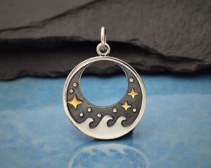 Sterling Silver Wave Charm With Bronze Stars Wave Pendant - Etsy