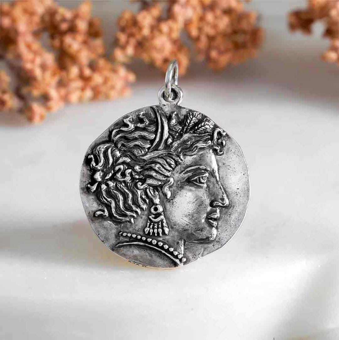 Sterling Silver Goddess Demeter Coin Pendant , Greek Goddess Charm ...