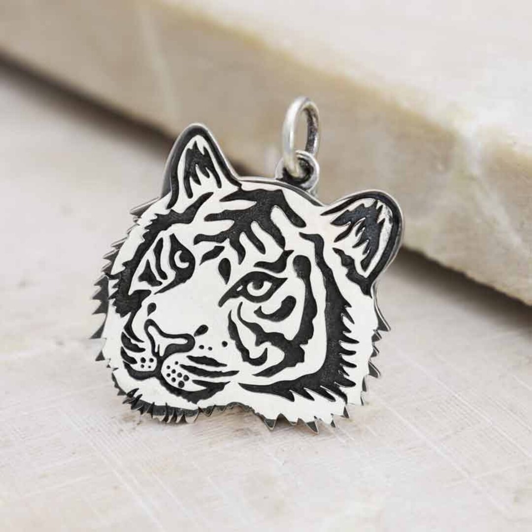 Sterling Silver Etched Tiger Face Charm, Sterling Silver Tiger Pendant ...