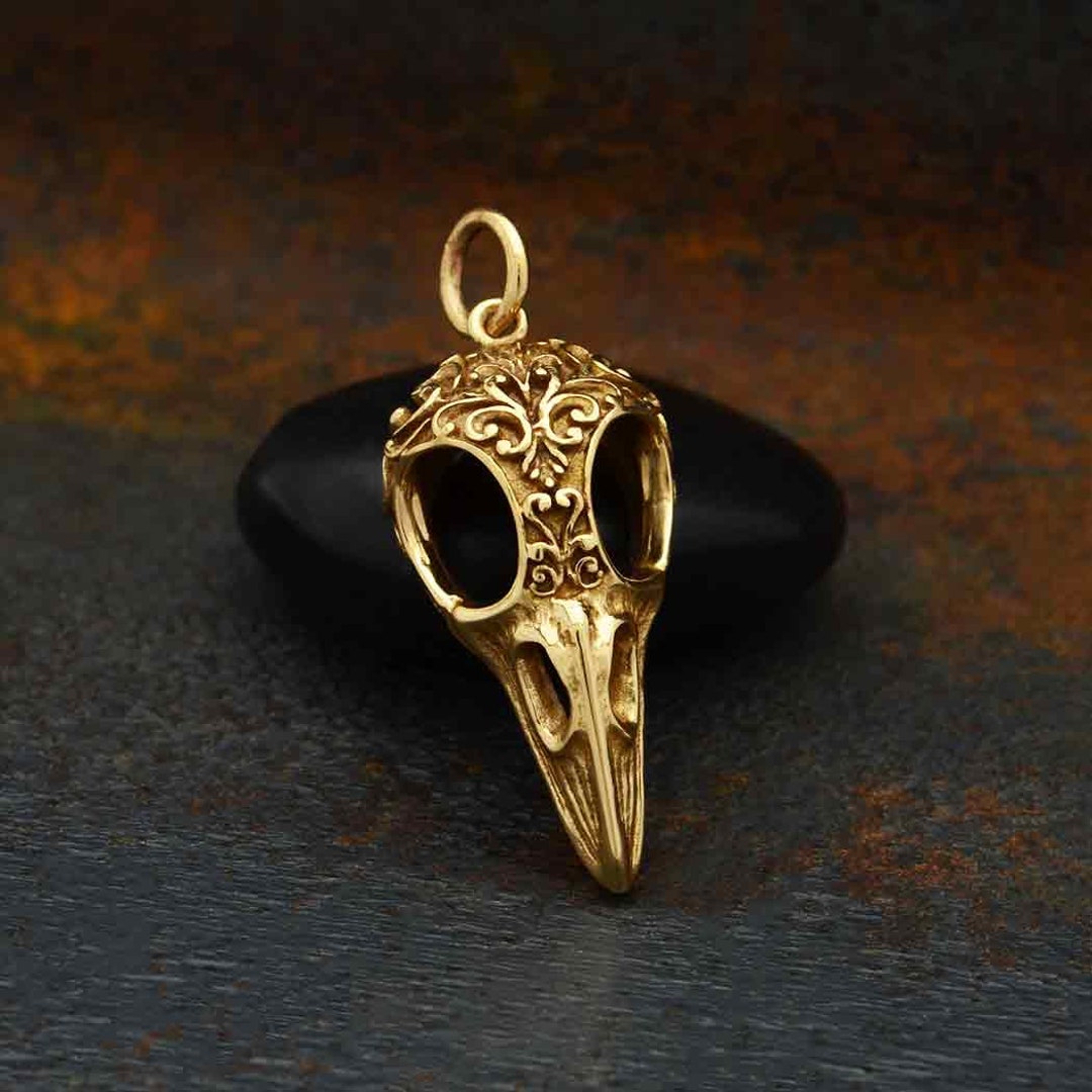 Bronze Raven Skull Charm With Scroll Carving, Raven Charm, Raven ...