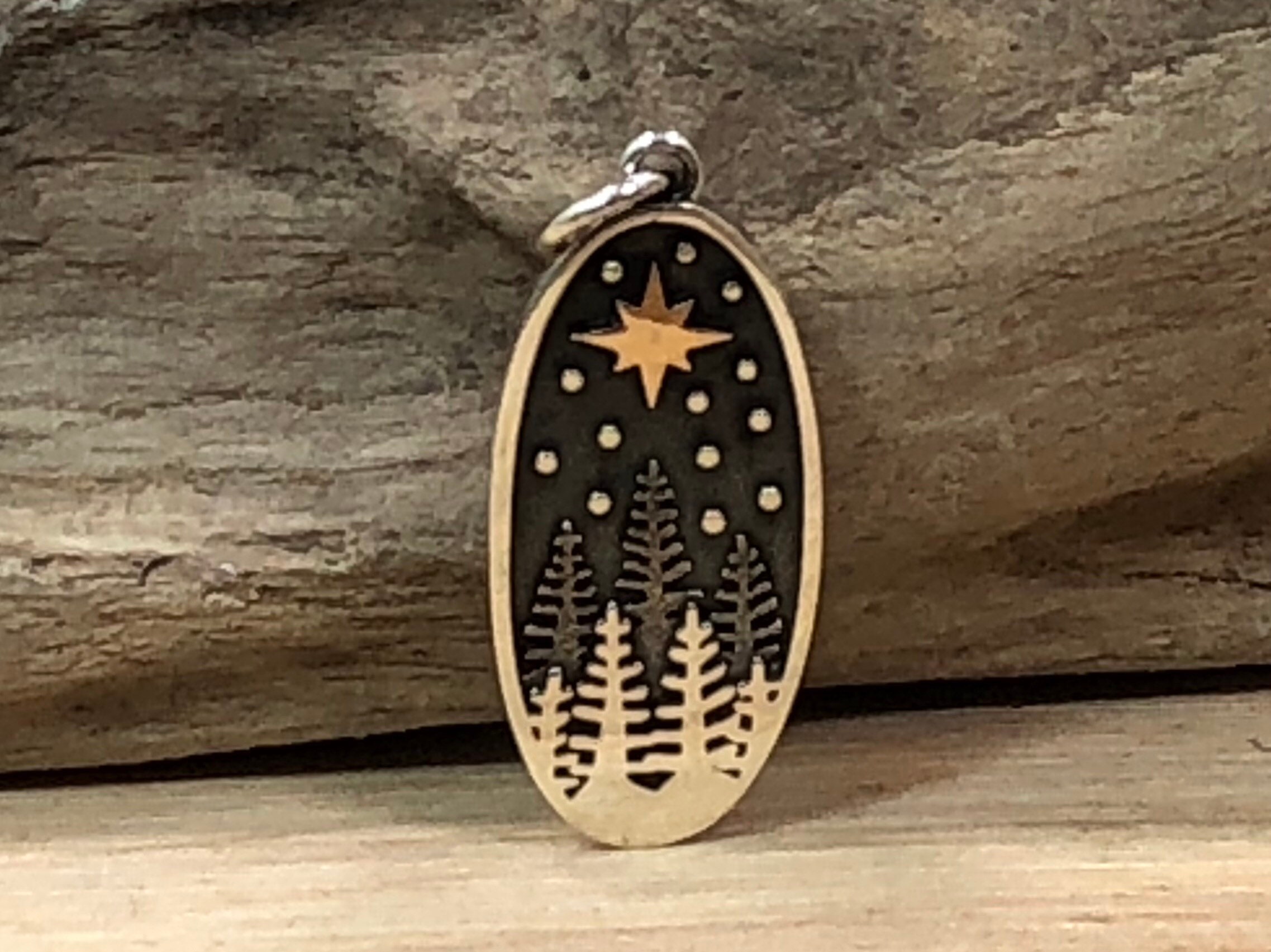 Sterling Silver Pine Tree Charm With Bronze Star, Camping Charm, Forest ...