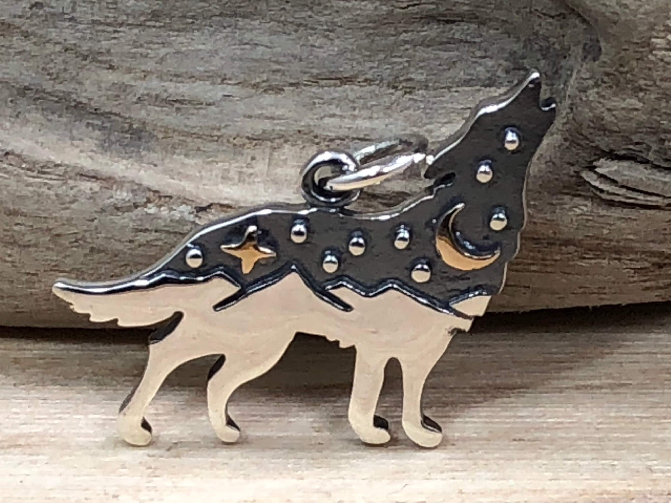 Wolf Charm Wolf Charm with Mountains and Bronze Moon | Etsy
