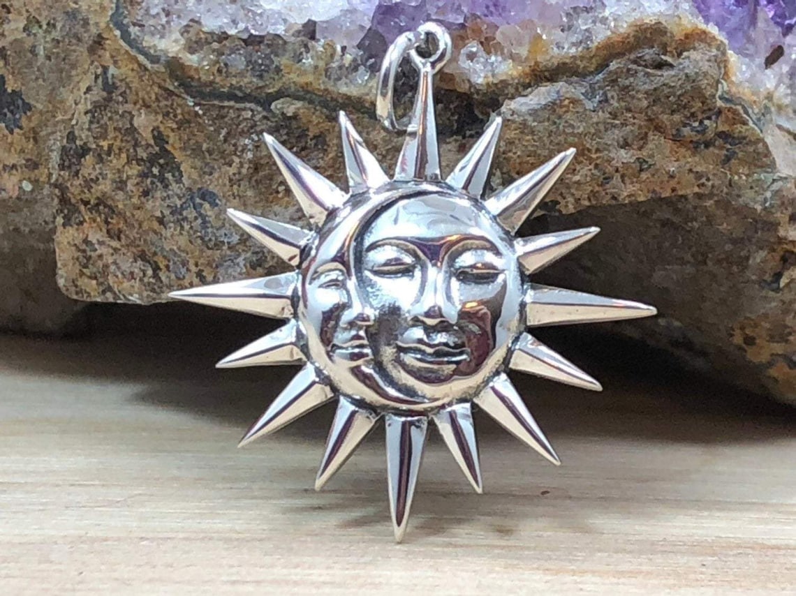 Sterling Silver Moon and Sun Pendant With Faces, Moon Charm, Moon ...