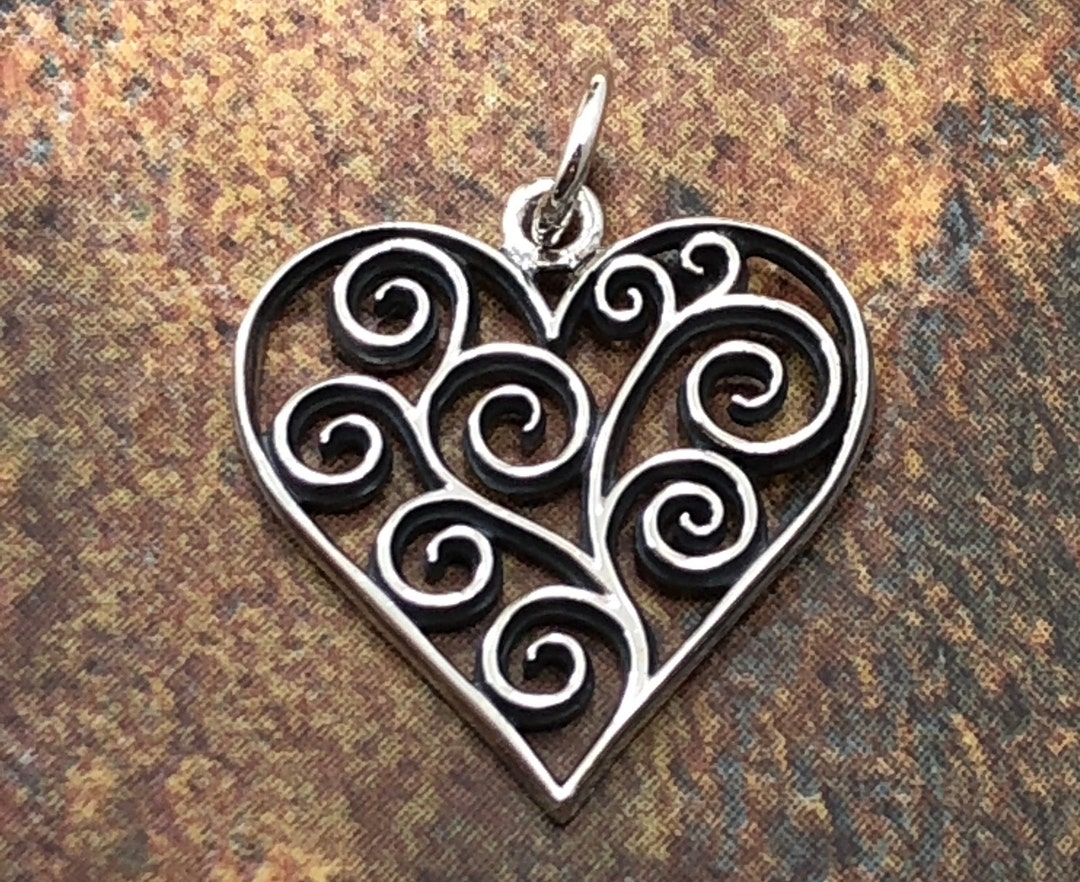 Sterling Silver Heart Charm With Scrollwork, Heart With Swirl Charm ...