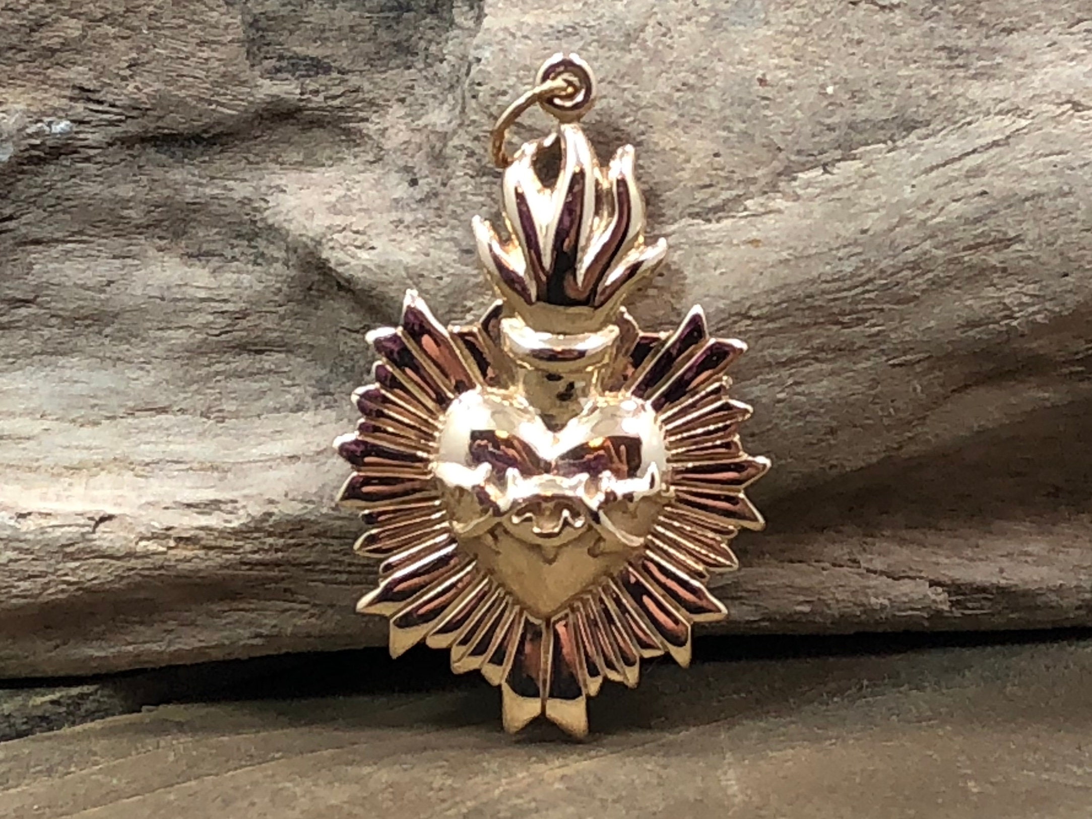 Bronze Flaming Sacred Heart Pendant With Thorns Sacred Heart - Etsy