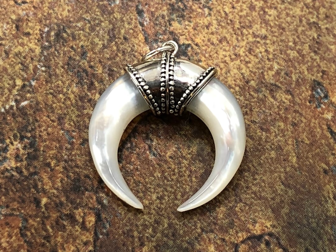 Hand Carved Mother of Pearl Double Horn Pendant, Sterling Silver ...