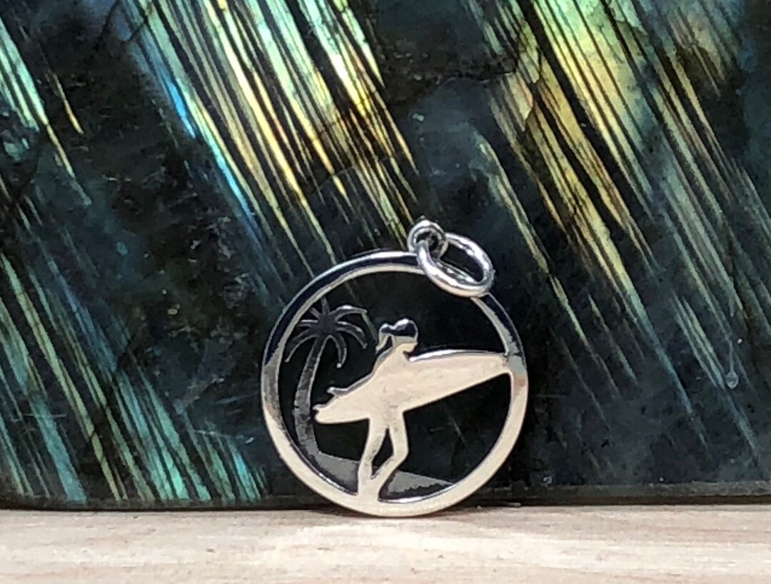 Sterling Silver Surfer Charm With Palm Tree Surf Boarding - Etsy