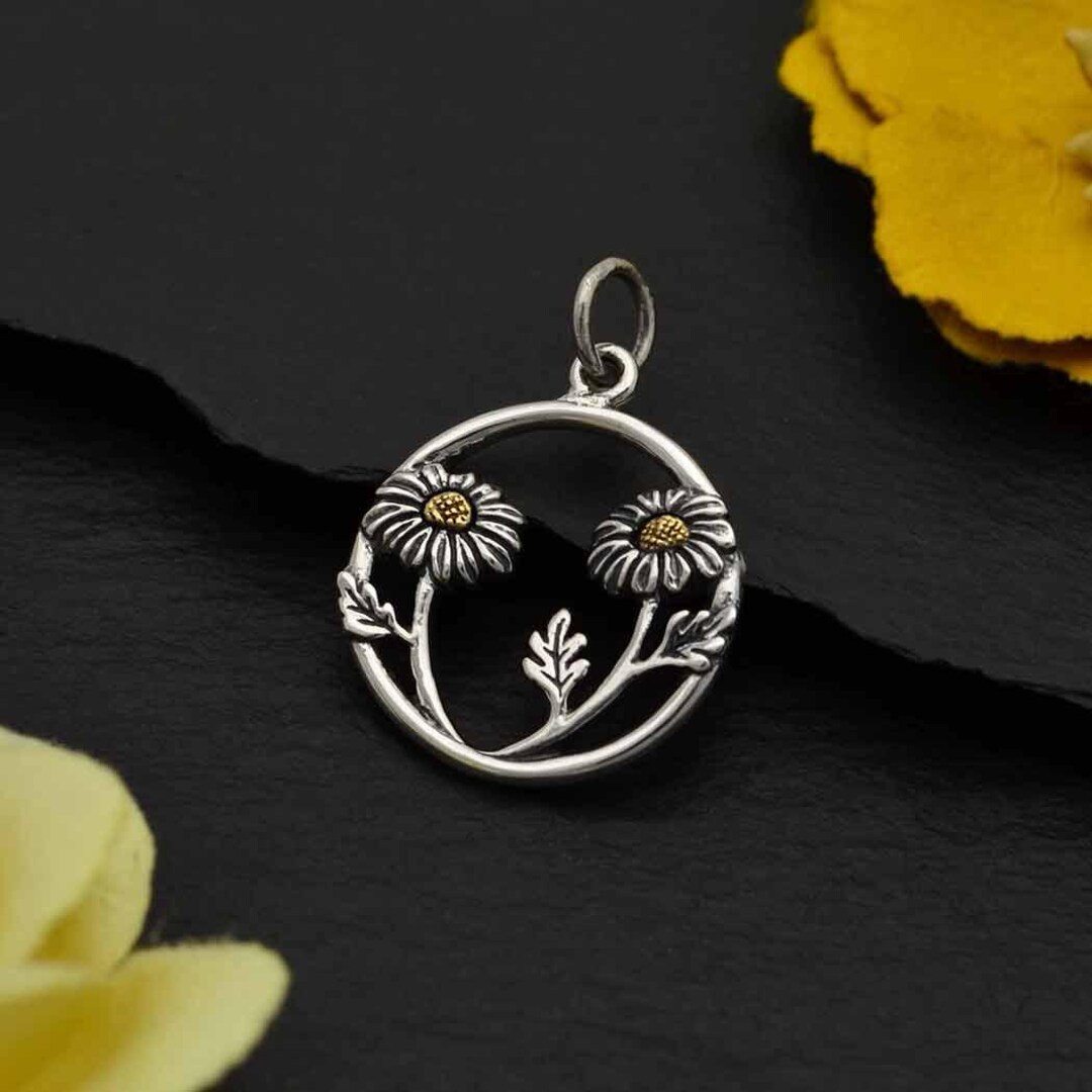 Mixed Metal Daisies in a Circle Pendant, Sterling Silver Daisy Charm ...