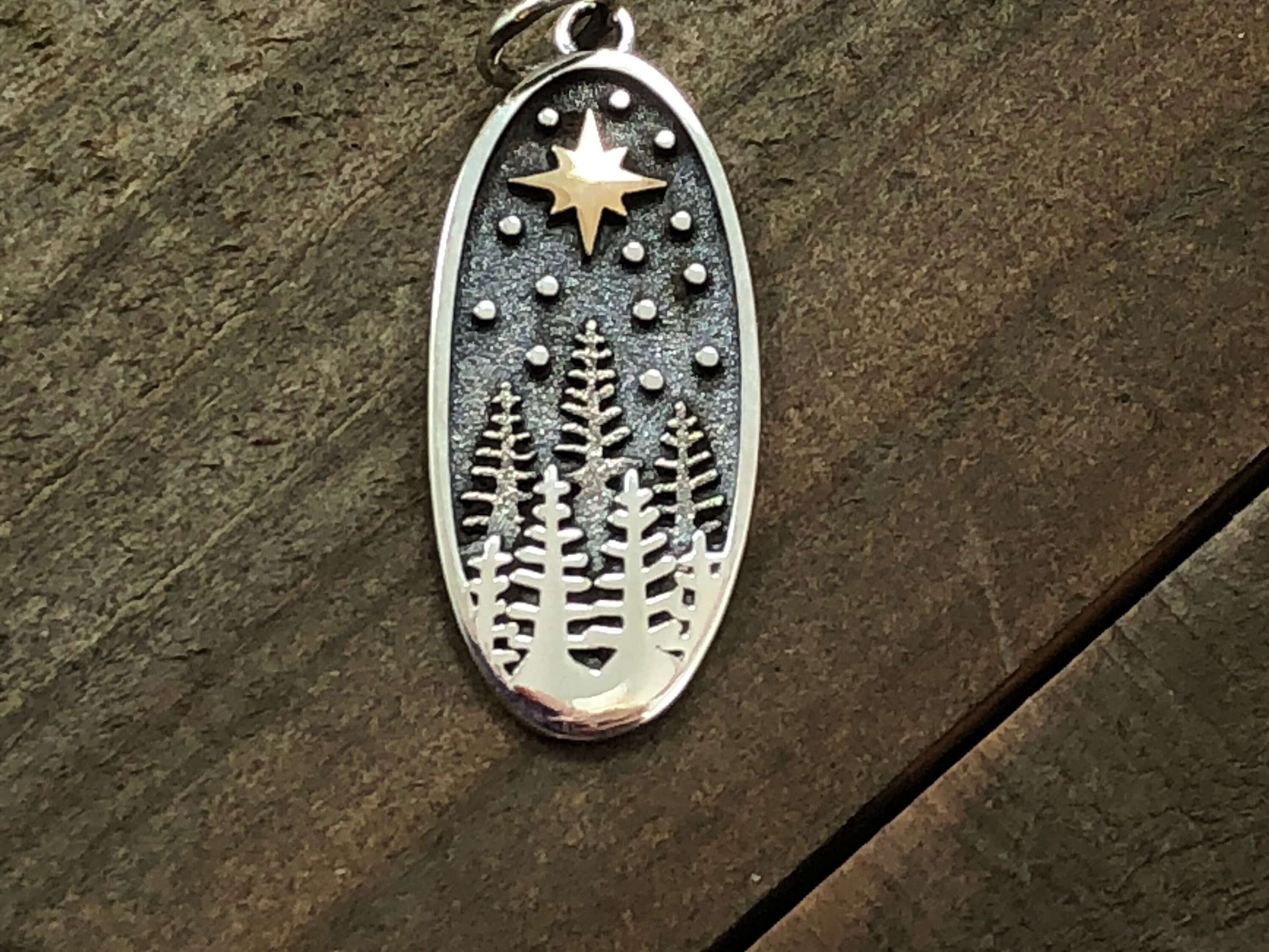 Sterling Silver Pine Tree Charm With Bronze Star, Camping Charm, Forest ...