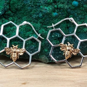 Silver Honeycomb Hoop Earrings With Bronze Bee, Bumble Bee Earrings, Bee Earrings, Bumble Bee ...