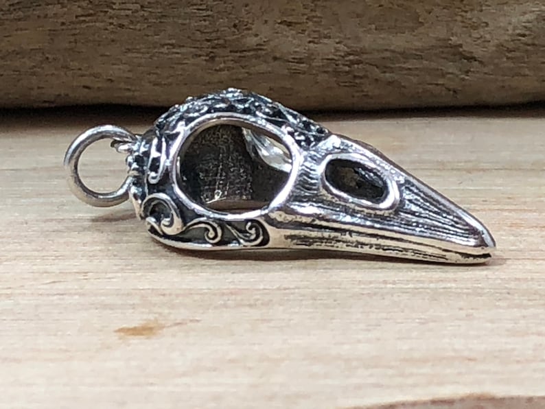 Sterling Silver Raven Skull Charm With Scroll Carving Raven - Etsy