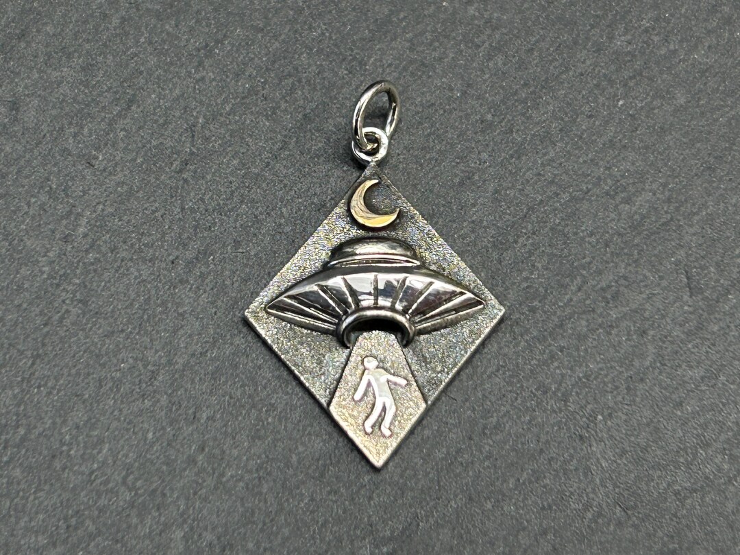 Sterling Silver Alien Abduction UFO Pendant With Bronze Moon, UFO Charm ...