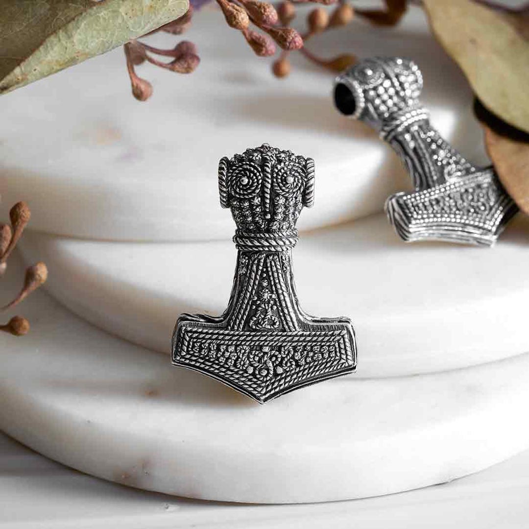 Sterling Silver Thor’s Hammer Pendant, Viking Charm, Viking Head Charm ...
