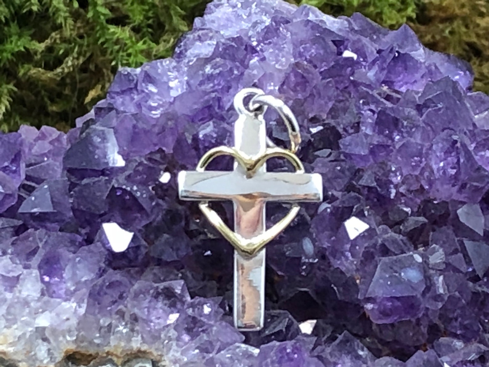 Cross Charm Cross with Heart Charm Sterling Silver Cross | Etsy