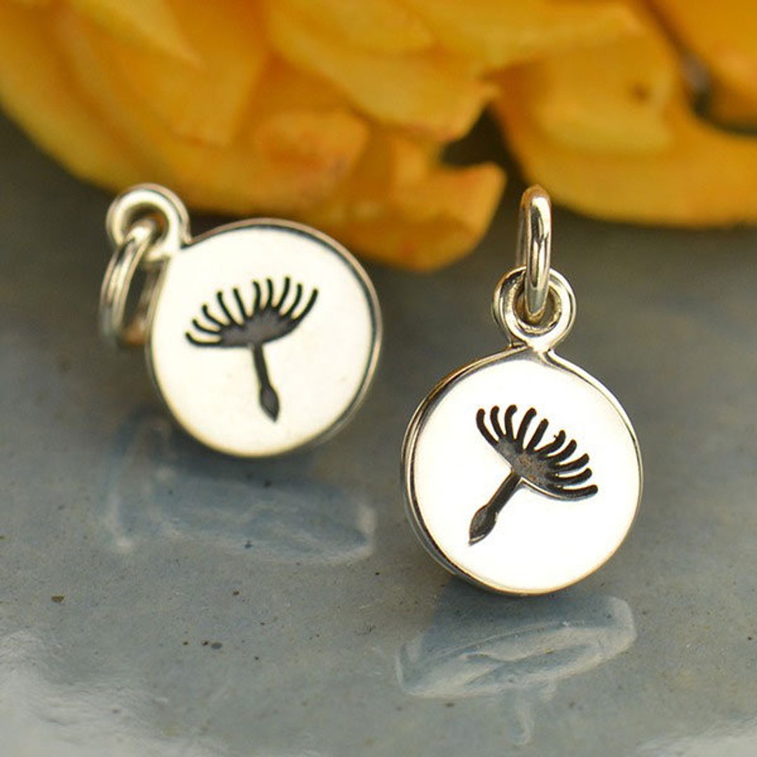 Dandelion Charm, Dandelion Disc Charm, Flower Charm, Sterling Silver ...