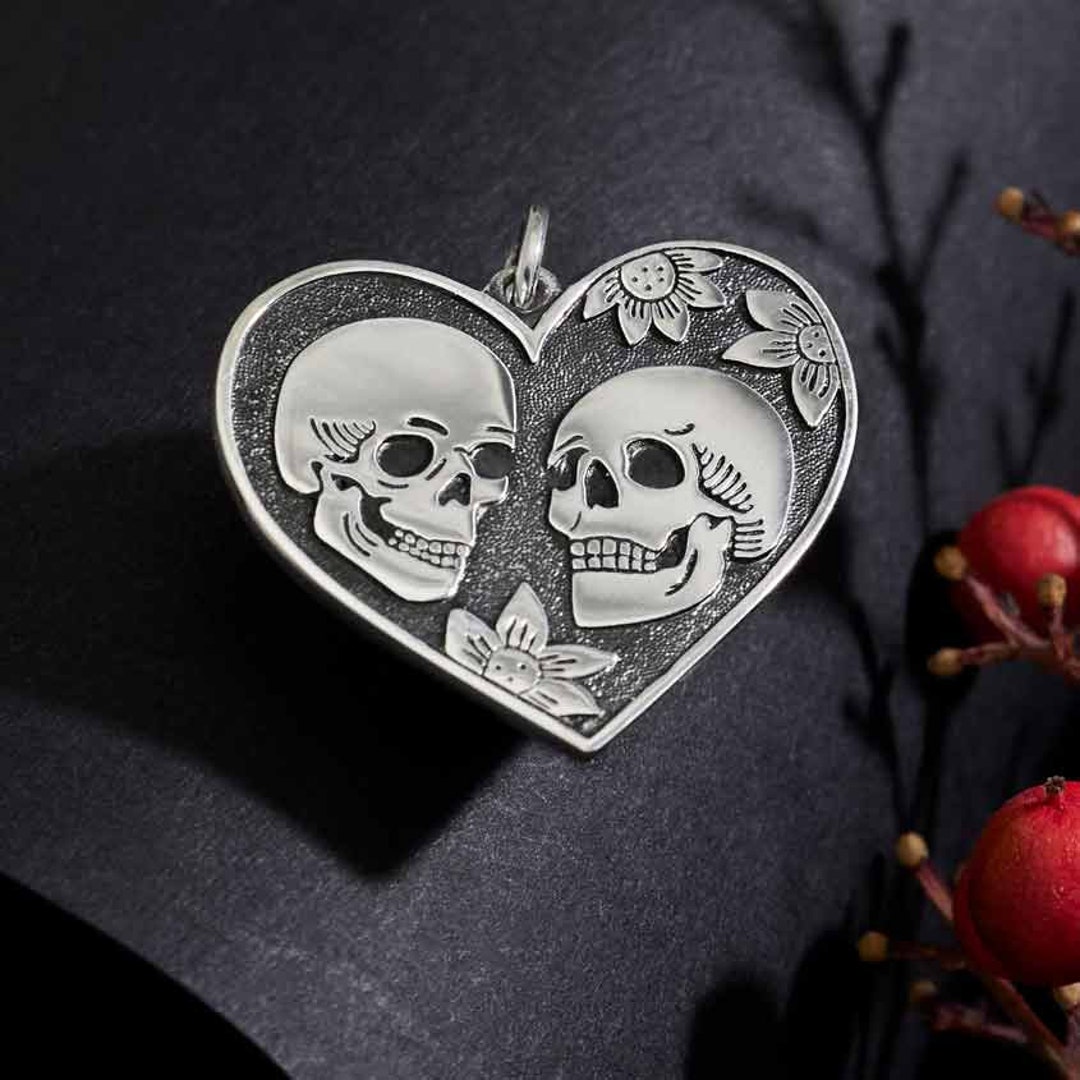 Sterling Silver Skull Lovers in Heart Pendant, Bride and Groom Charm ...