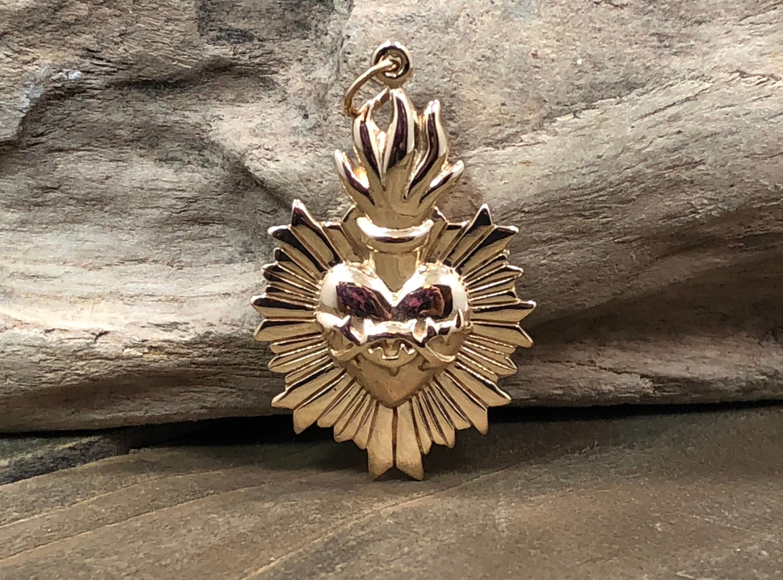 Bronze Flaming Sacred Heart Pendant With Thorns, Sacred Heart Charm ...