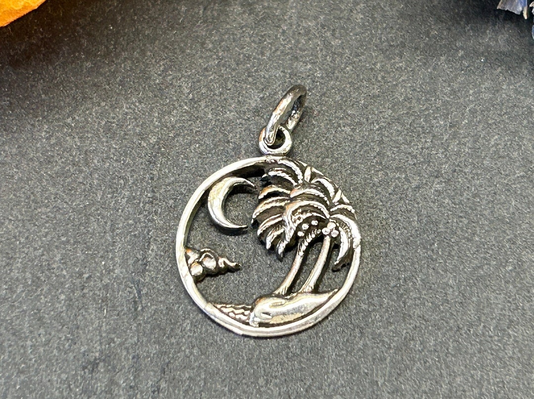 Palm Tree Charm, Palm Tree on Island Charm, Island Charm, Sterling Silver, Beach Charm, Hawaii ...