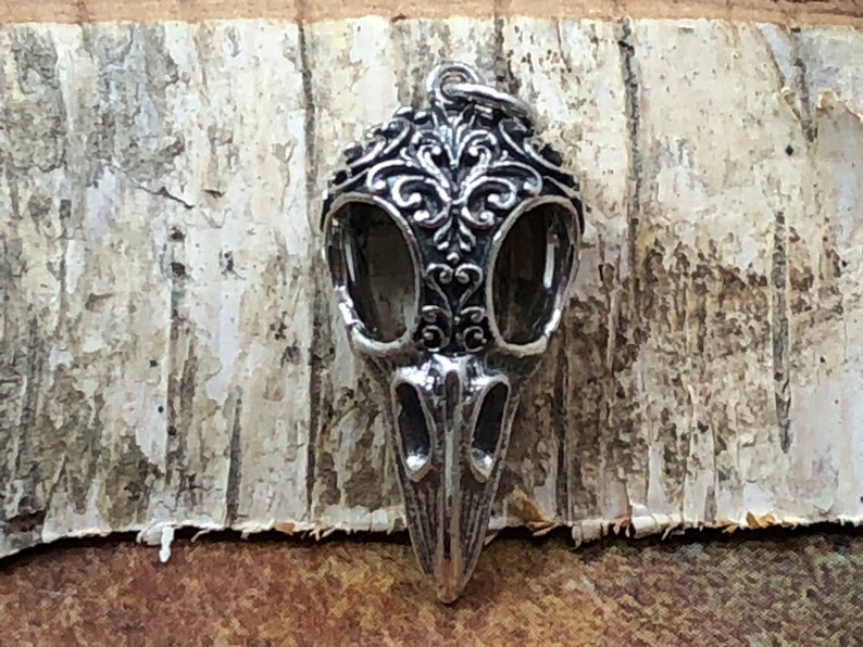 Sterling Silver Raven Skull Charm With Scroll Carving Raven - Etsy