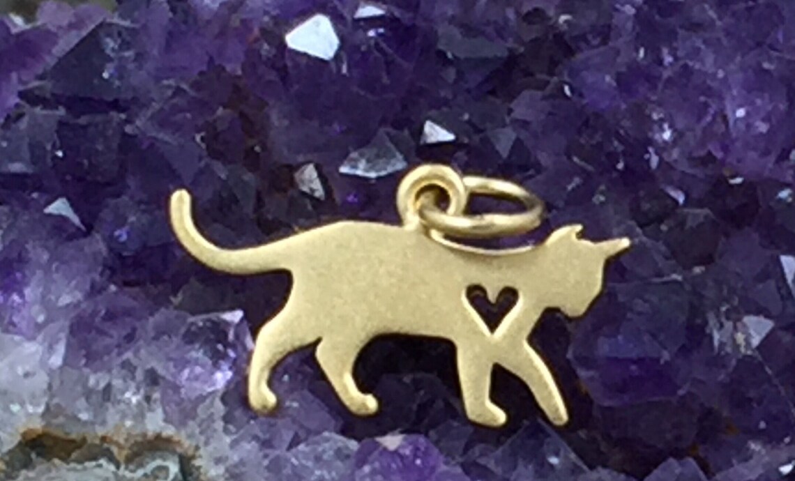 Cat Silhouette Charm Cat Charm with Heart Gold Plated | Etsy
