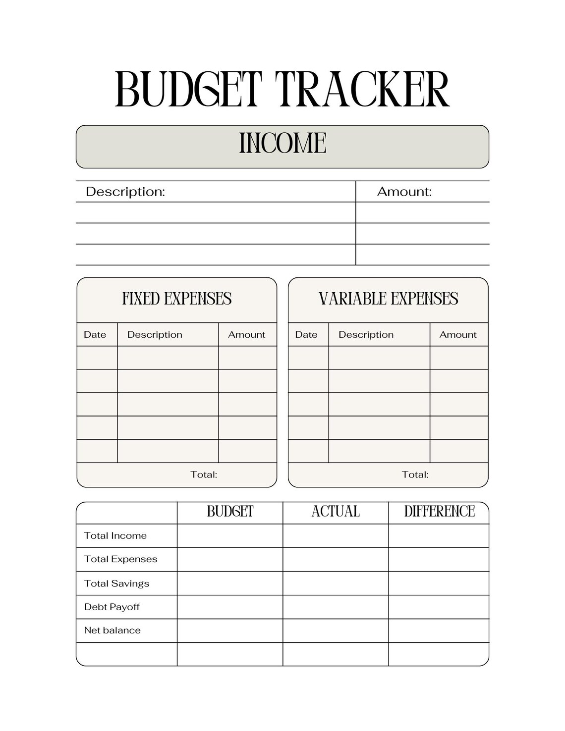 PRINTABLE INCOME BUDGET Tracker Template | Income Planner | Personal ...