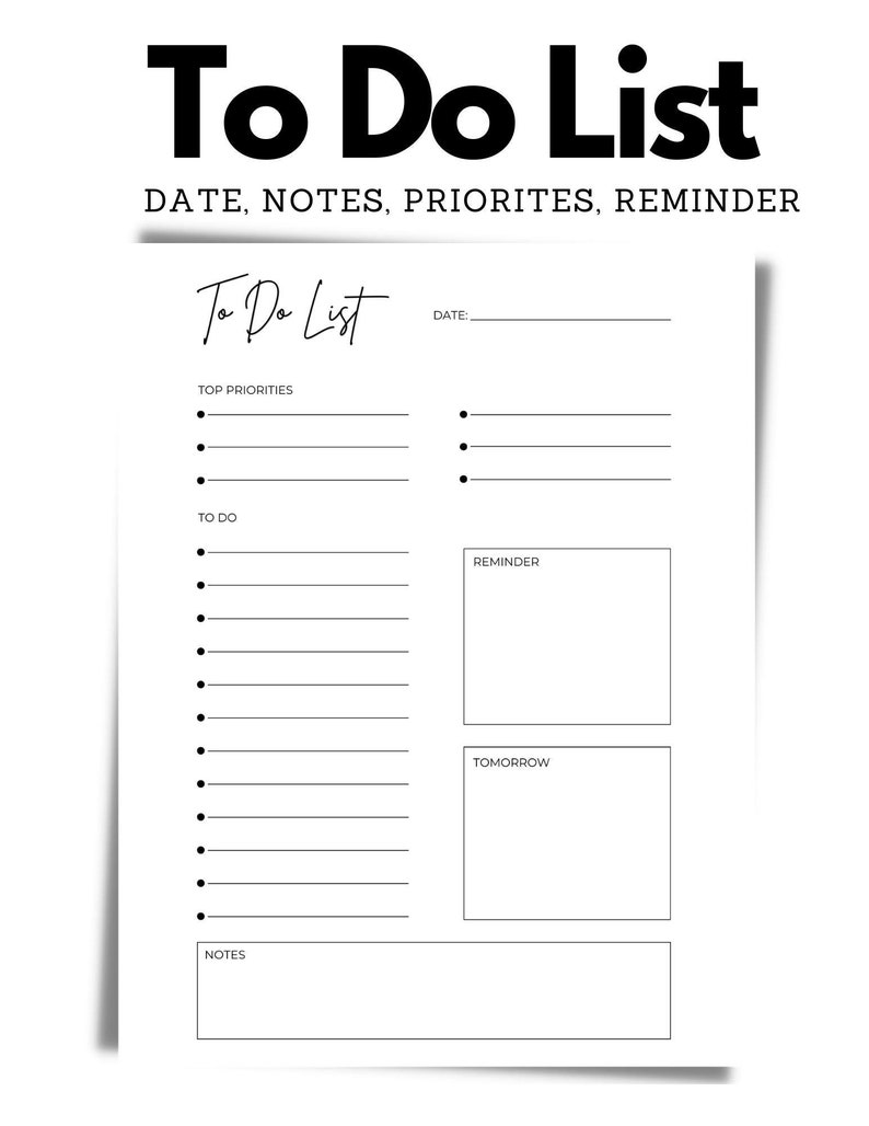 BLANK TO-DO List W Date Reminder Priorities Tomorrow & Notes | Diary ...