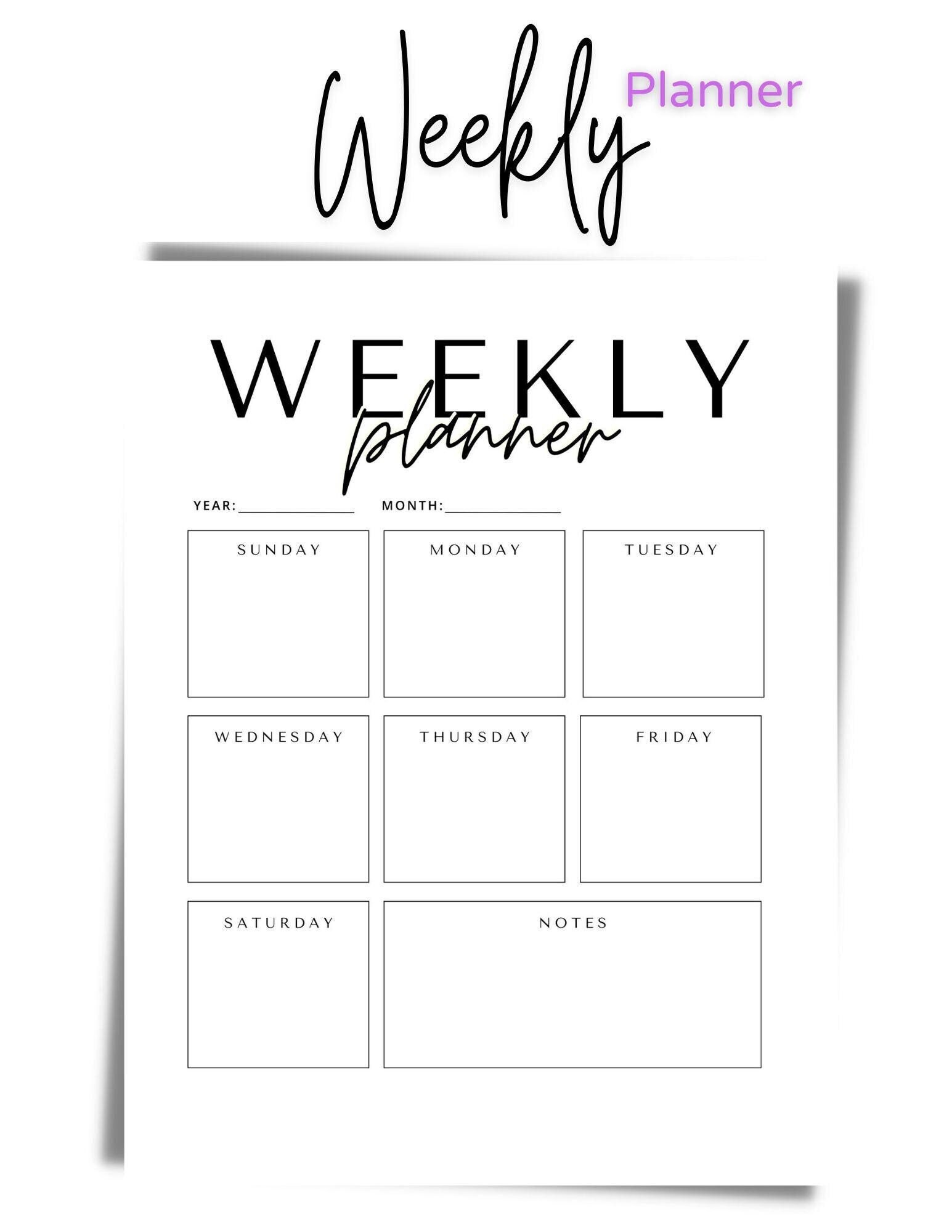 PRINTABLE WEEKLY PLANNER Template W/notes | Downloadable | Diary Insert ...