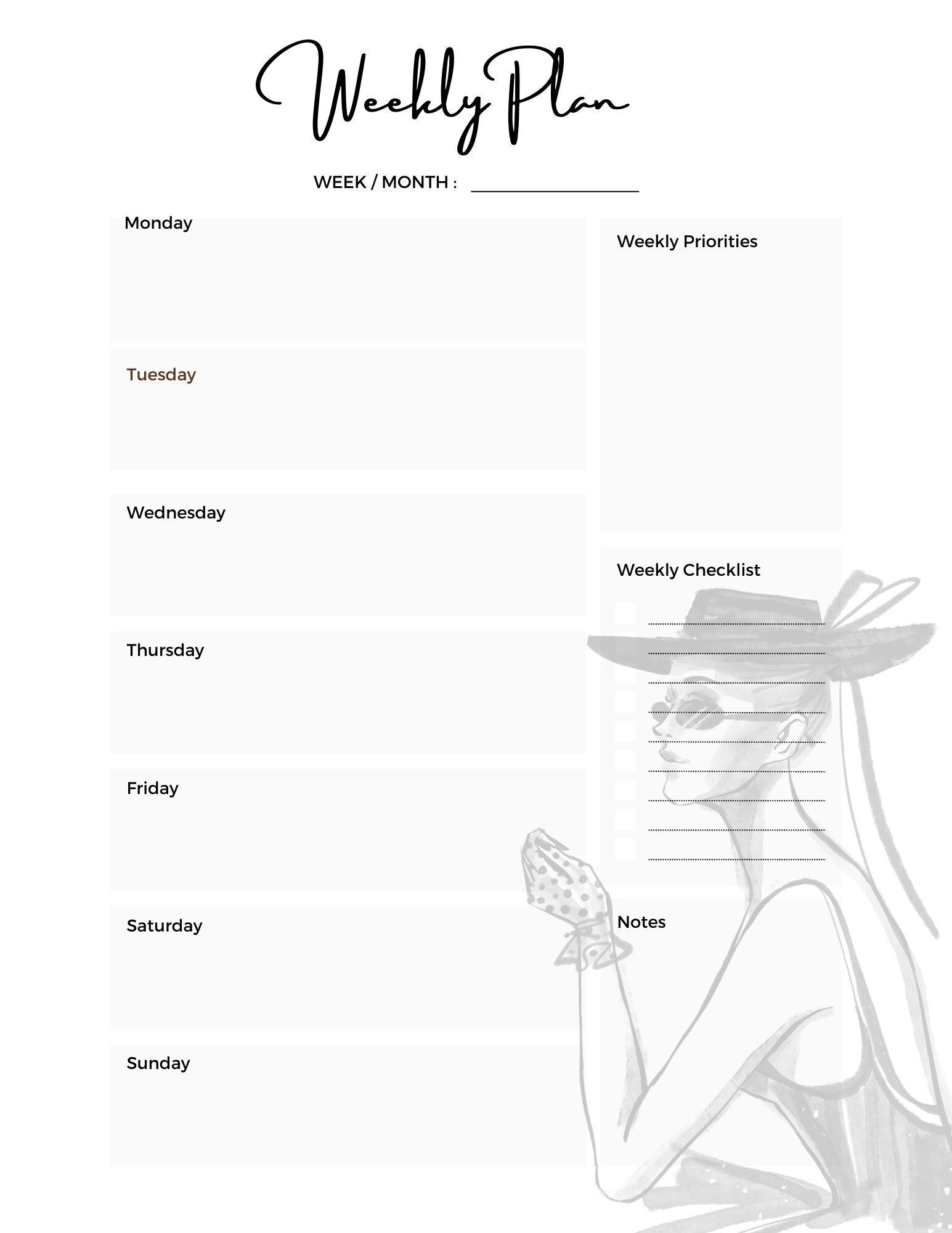 PRINTABLE WEEKLY Planner W/fashion Girl | Luxury | Planner Insert Page ...