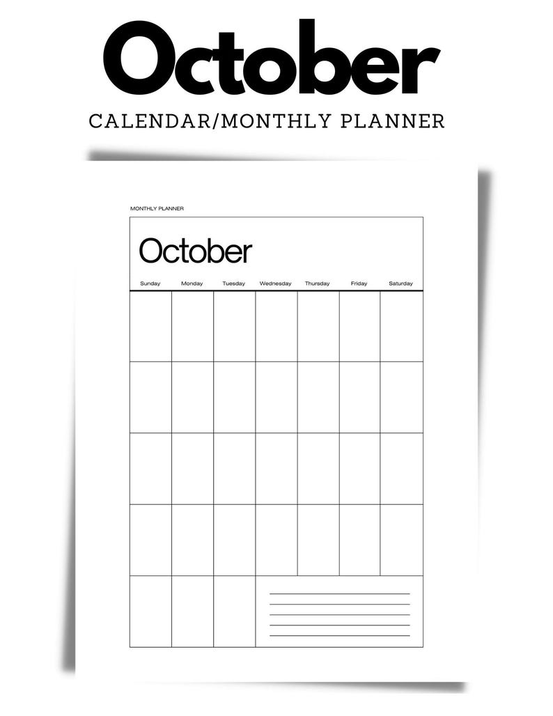 BLANK OCTOBER CALENDAR Printable Monthly Planner | Diary Insert ...