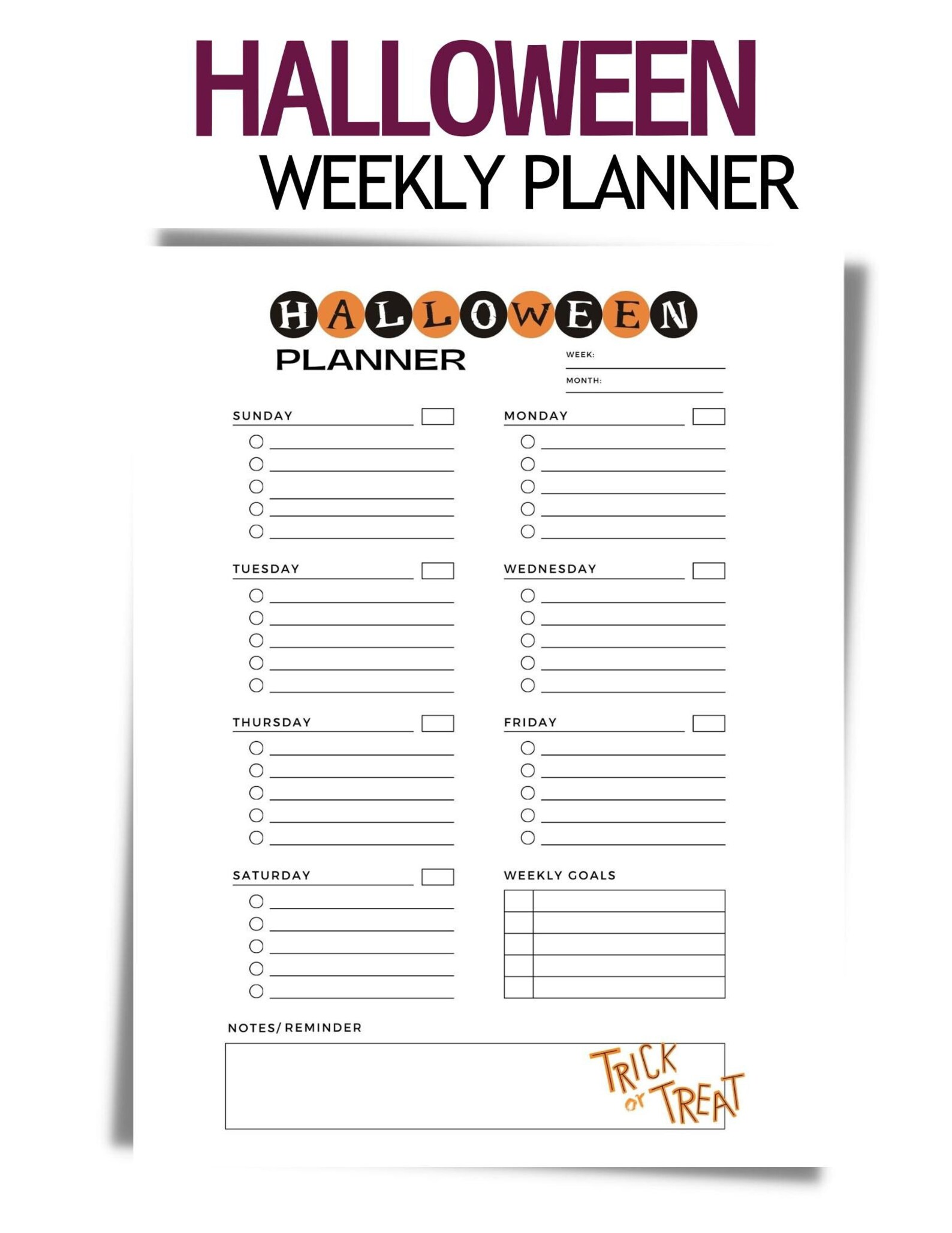 PRINTABLE HALLOWEEN WEEKLY Planner Trick or Treat | Organization ...