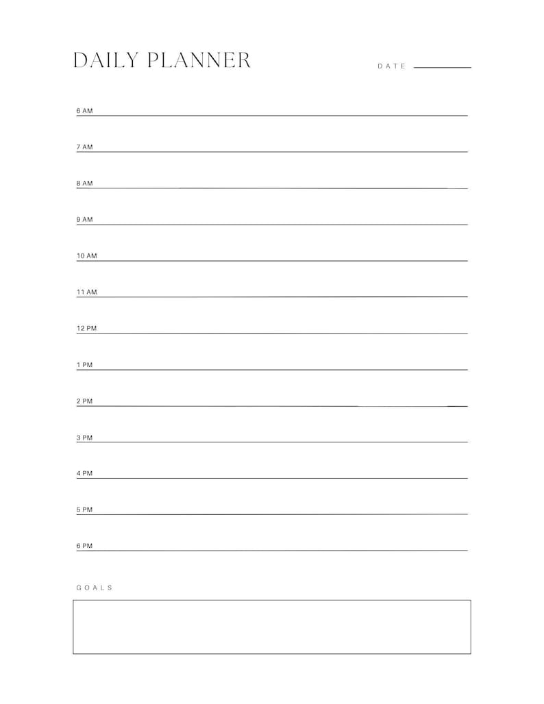 PRINTABLE BLANK DAILY Planner W/ Schedule Times 6a/6p & Goals | Notes ...
