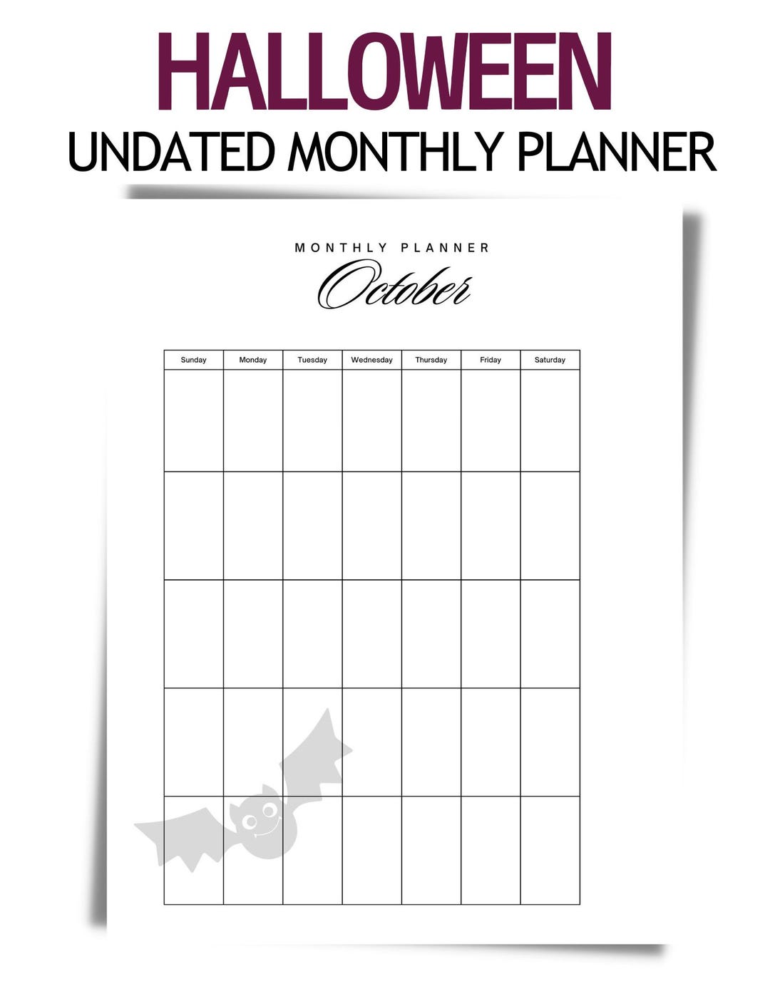 UNDATED HALLOWEEN CALENDAR W/bat Monthly Planner | Insert | Undated ...
