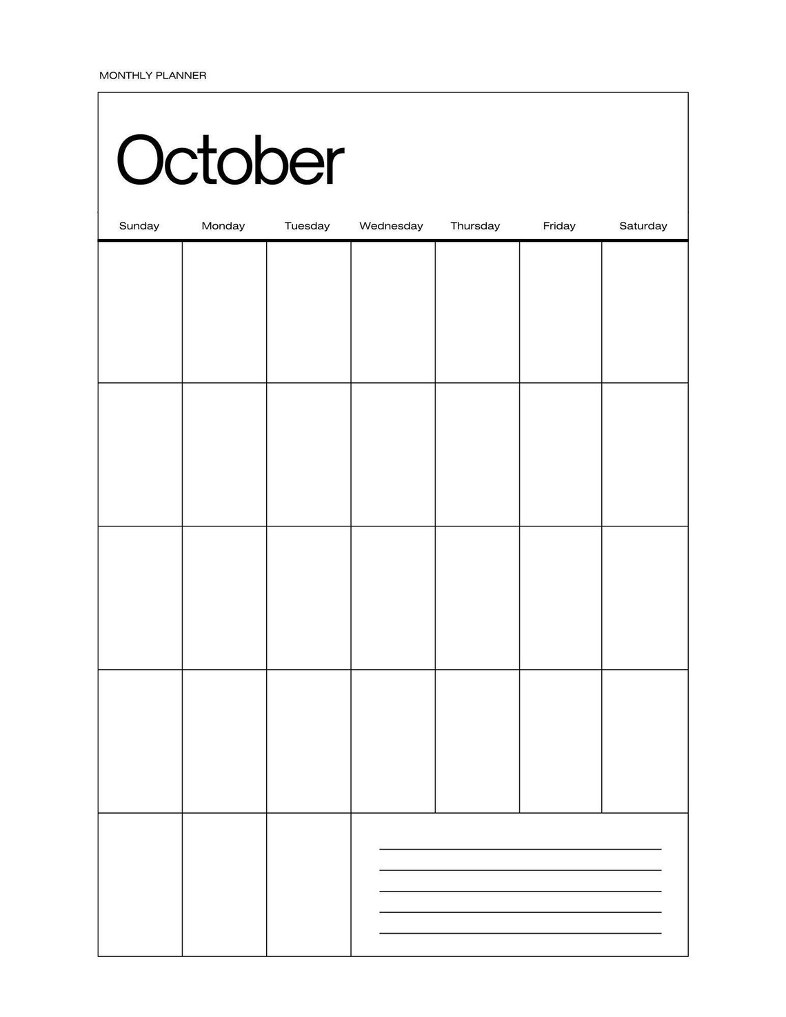 BLANK OCTOBER CALENDAR Printable Monthly Planner | Diary Insert ...