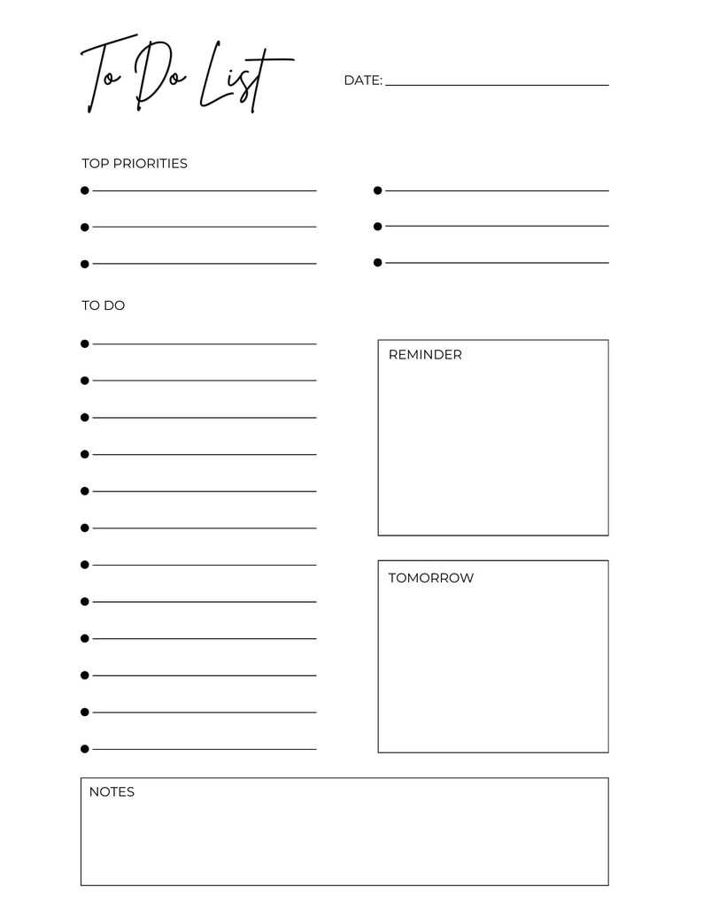 BLANK TO-DO List W Date Reminder Priorities Tomorrow & Notes | Diary ...
