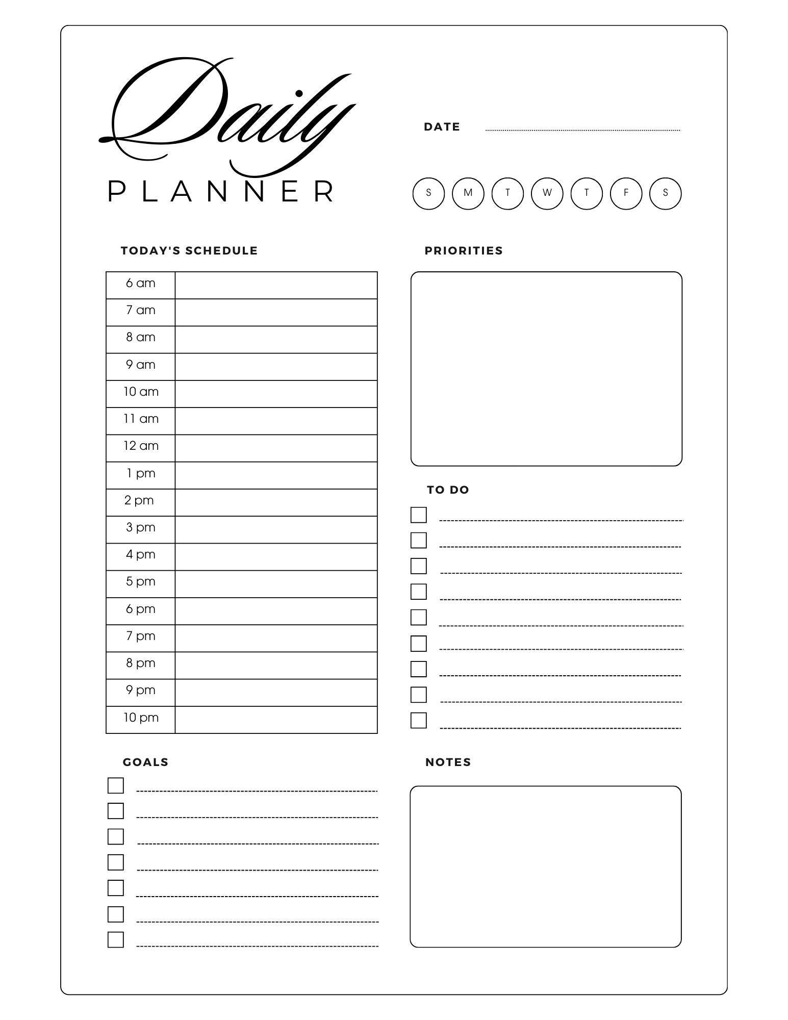 PRINTABLE BLANK DAILY Planner W/ Daily Schedule Goals & Priority | to ...
