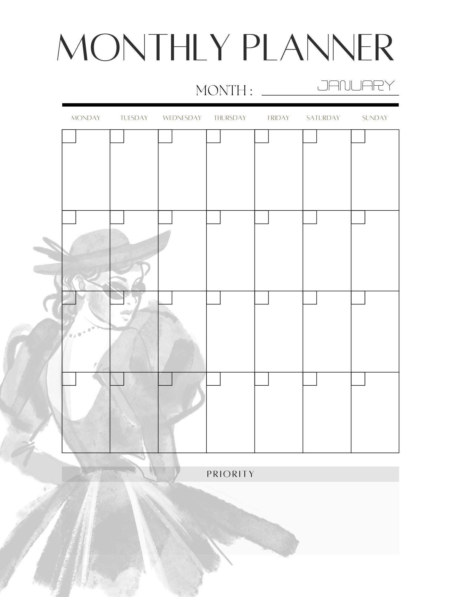 BLANK PRINTABLE MONTHLY Planner Template | Work Day | Instant ...