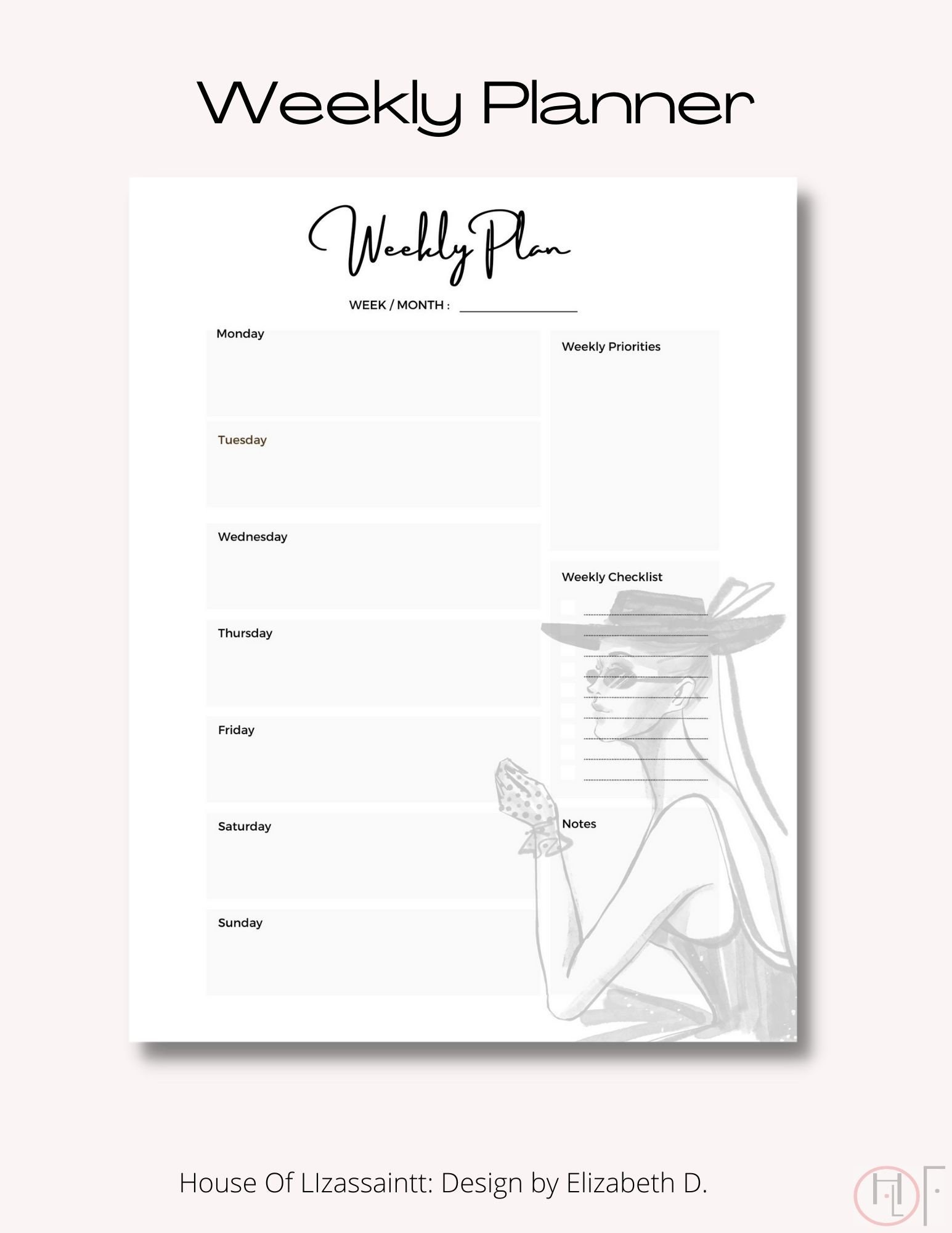 BLANK PRINTABLE WEEKLY Planner Template, Lux, Luxury Fashion Planner ...