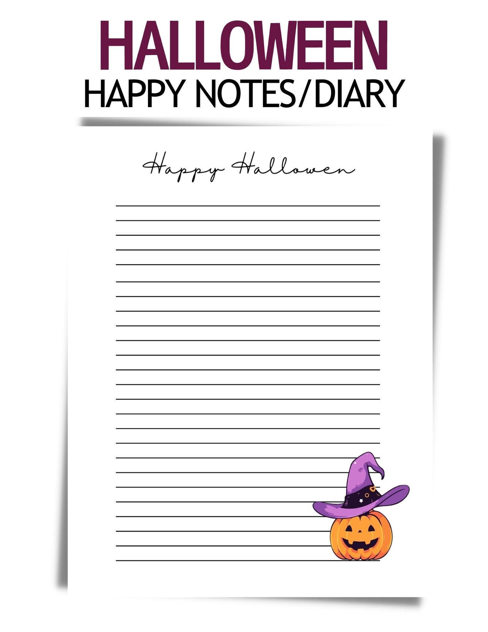 PRINTABLE HALLOWEEN NOTES Page W/happy Halloween Pumpkin & Purple Witch ...