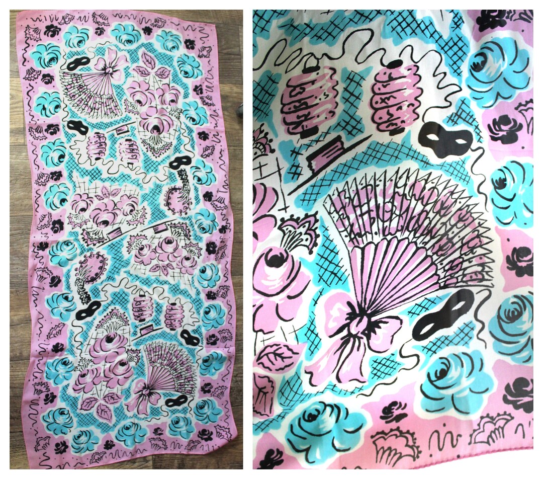 Vintage 1940s 50s Novelty Print Fans Masks Chinese Lanterns Roses Pink ...