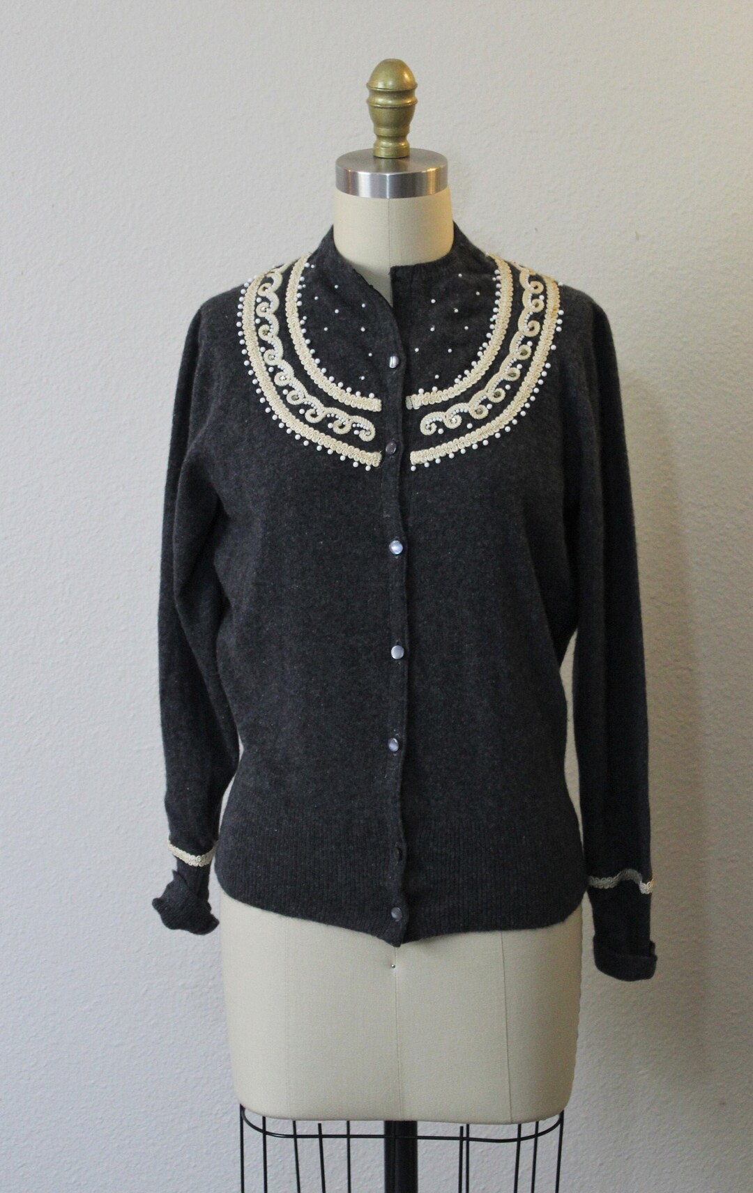 Vintage 50s 1950's Sweater Branell CASHMERE Beaded & Rhineston Dark ...