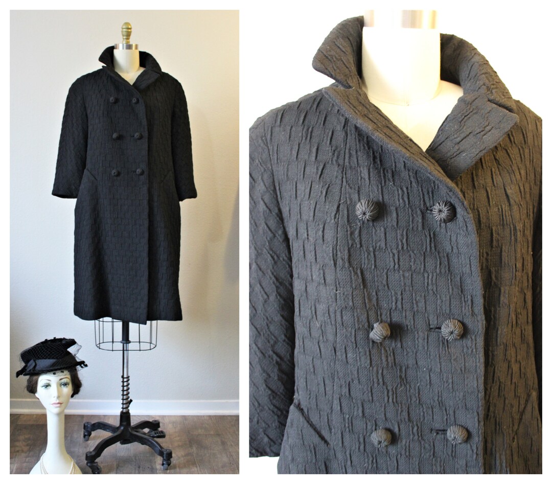 1950s Coat / Vintage 50s Forstmann Double Breasted Black Waffle Weave ...