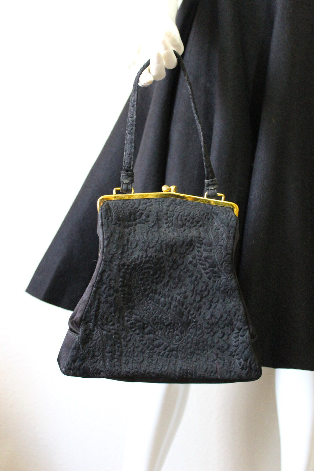 1950s KORET Cut Velvet Silk Purse Black Paisley Evening Bag Purse Retro ...