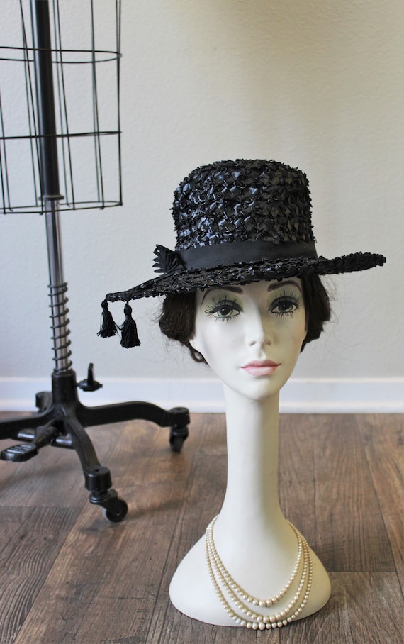 Vintage 1950s 60s Black Straw raffia wide brim Hat wi… - Gem