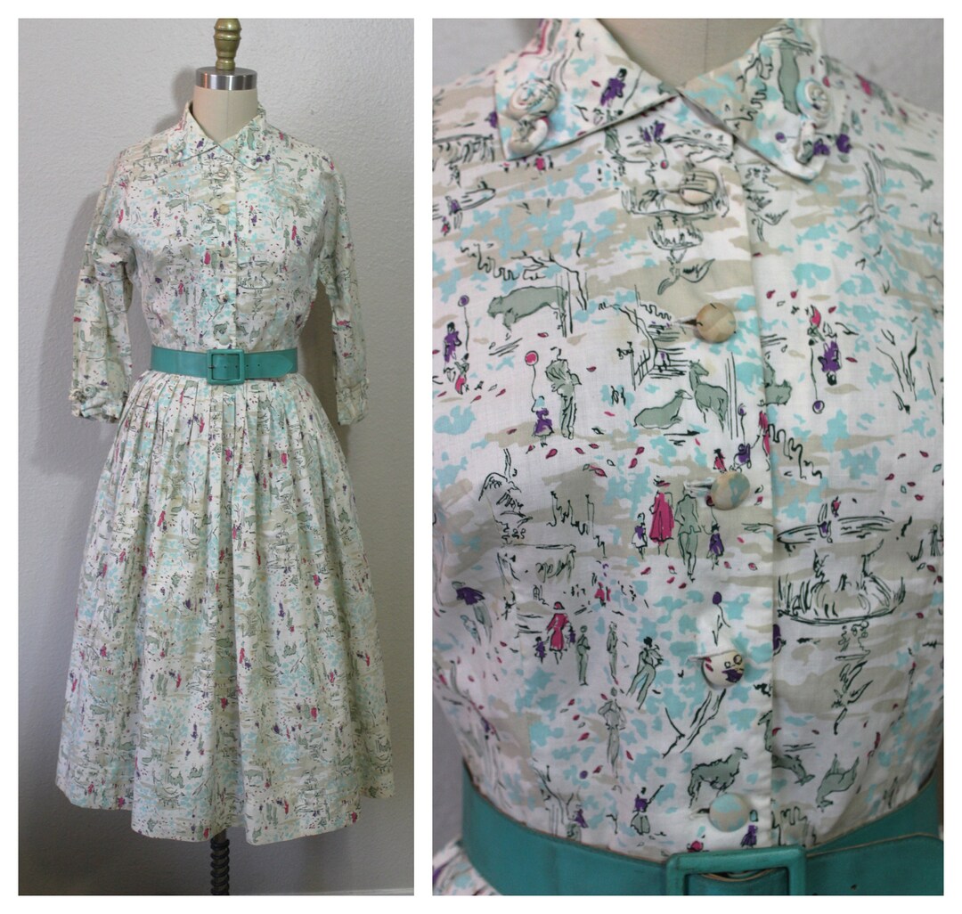 1950s Dress Vintage 50s Novelty Print NY Central Park Zoo Rockabilly ...
