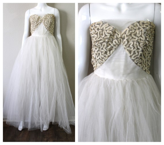 1950s Prom Cupcake Dress / Vintage Fancy Strapless Of… - Gem
